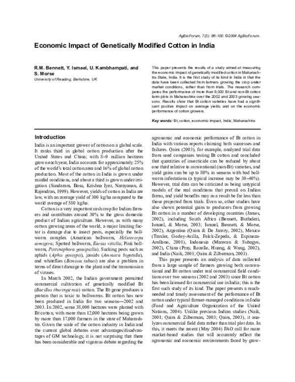 (PDF) Economic impact of genetically modified cotton in India (PDF) Economic impact of genetically modified cotton in India
