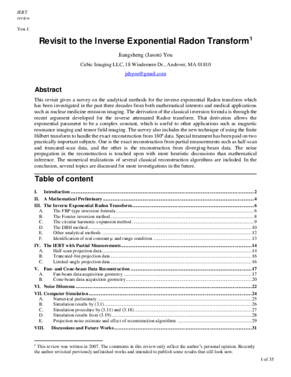 (PDF) A Revisit to the Inverse Exponential Radon Transform | Jason You - Academia.edu