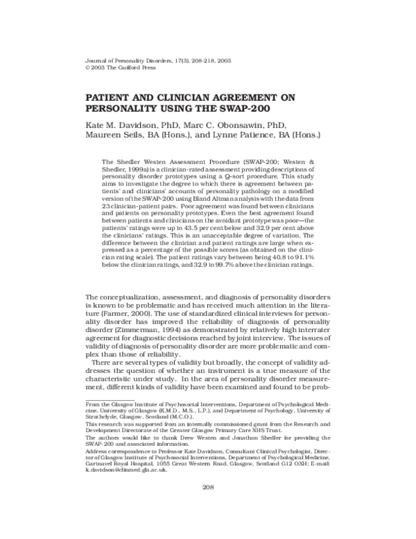 (PDF) Patient and Clinician Agreement on Personality Using the SWAP-200