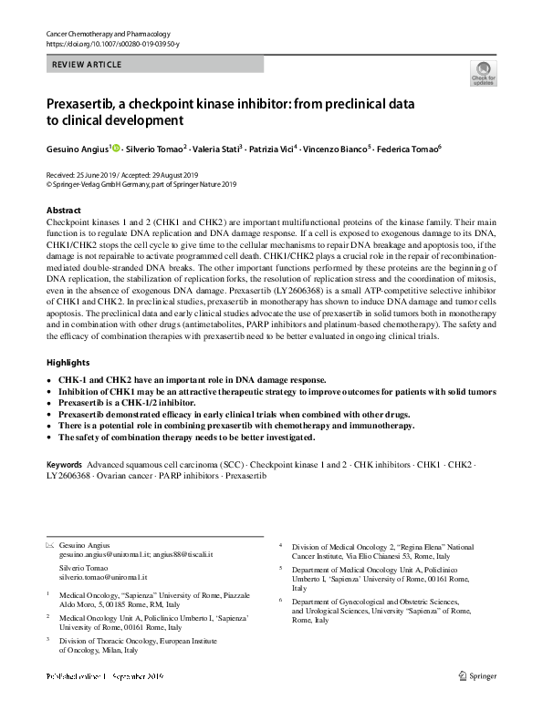 (PDF) Prexasertib, a checkpoint kinase inhibitor: from preclinical data ...