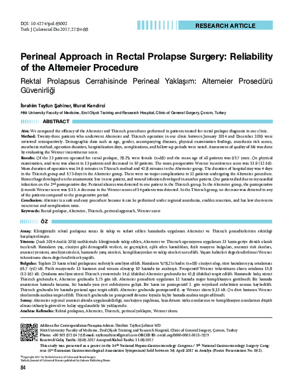 (PDF) Perineal Approach in Rectal Prolapse Surgery: Reliability of the ...