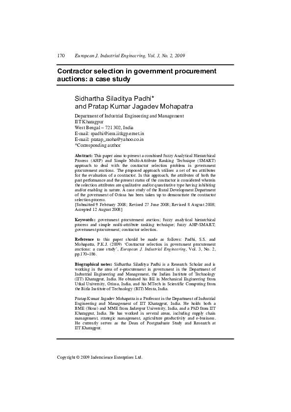 (PDF) Contractor selection in government procurement auctions: a case study