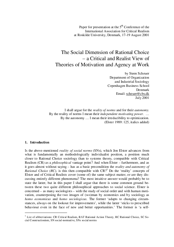 (PDF) The Social Dimension of Rational Choice - a Critical and Realist ...