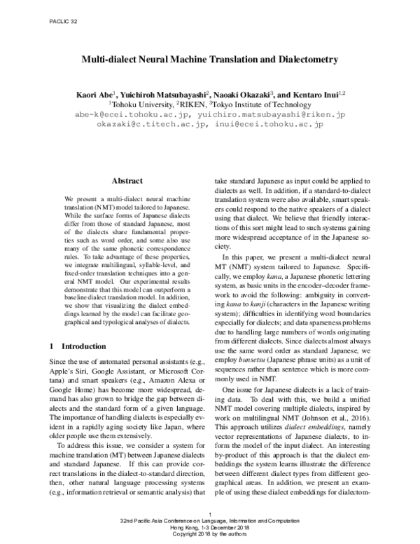 (PDF) Multi-dialect Neural Machine Translation and Dialectometry