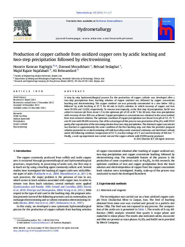 (PDF) Production of copper cathode from oxidized copper ores by acidic ...