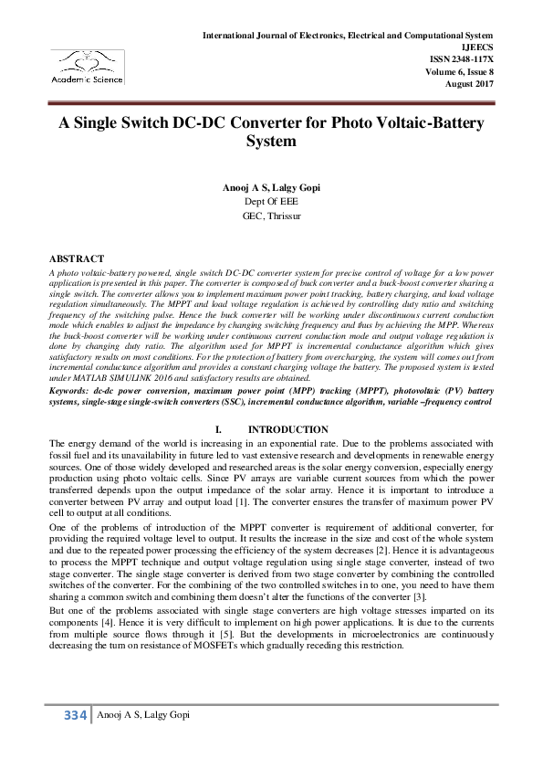 (PDF) A single switch DC-DC converter for photo voltaic-battery system