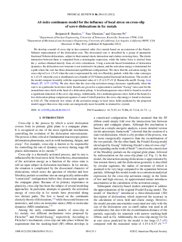 (PDF) Ab initio continuum model for the influence of local stress on cross-slip of screw ...