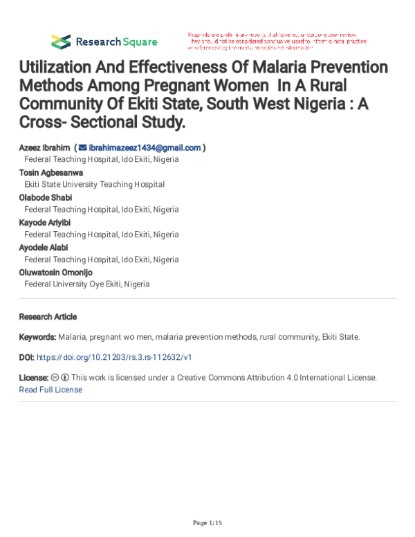 (PDF) Utilization And Effectiveness Of Malaria Prevention Methods Among ...
