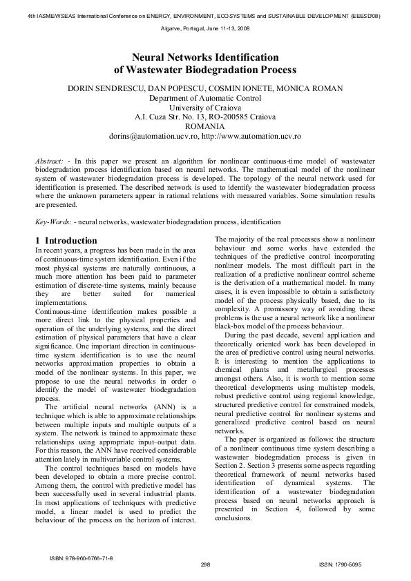 (PDF) Neural Networks Identification of Wastewater Biodegradation Process