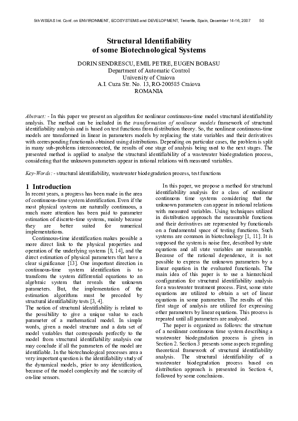 (PDF) Structural Identifiability of some Biotechnological Systems