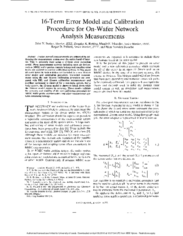 (PDF) 16-TERM Error Model and Calibration Procedure for On-Wafer Network Analysis Measurements