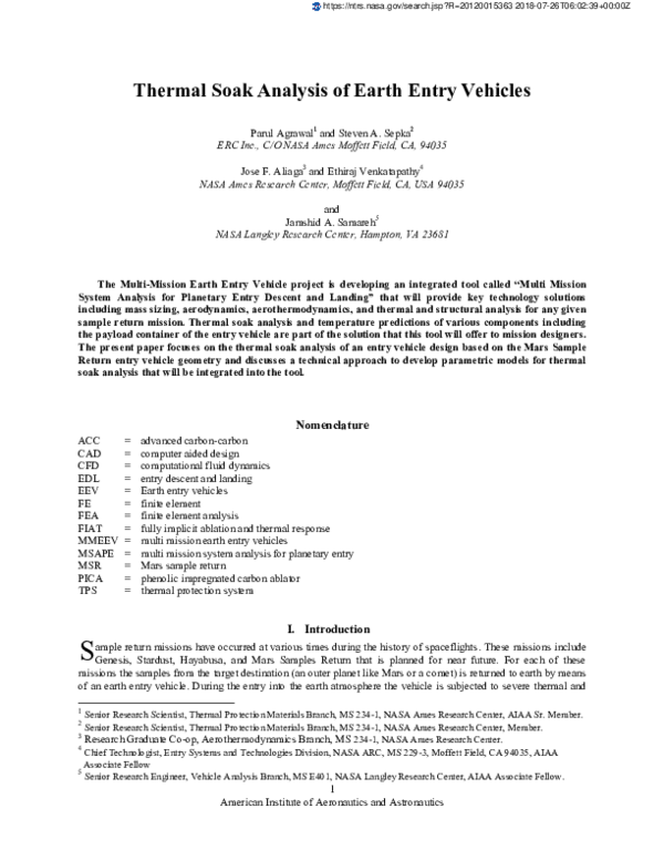 (PDF) Thermal Soak Analysis of Earth Entry Vehicles