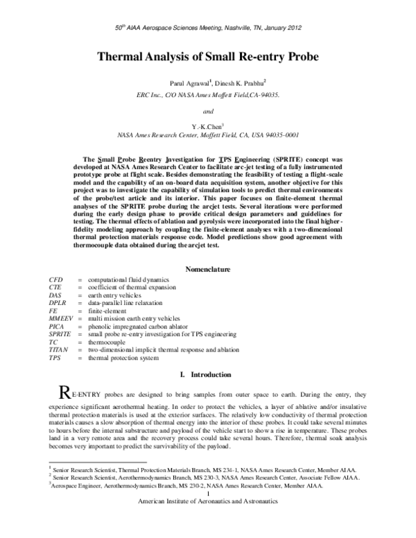 (PDF) Thermal Analysis of Small Re-entry Probes