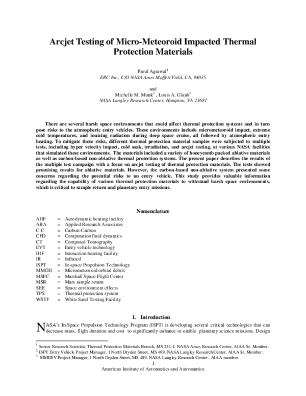 (PDF) Arcjet Testing of Micro-Meteoroid Impacted Thermal Protection ...