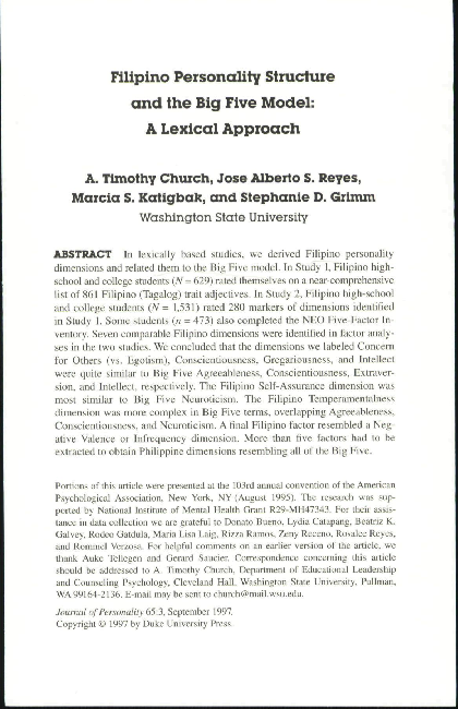 (PDF) Filipino Personality Structure and the Big Five Model: A Lexical ...