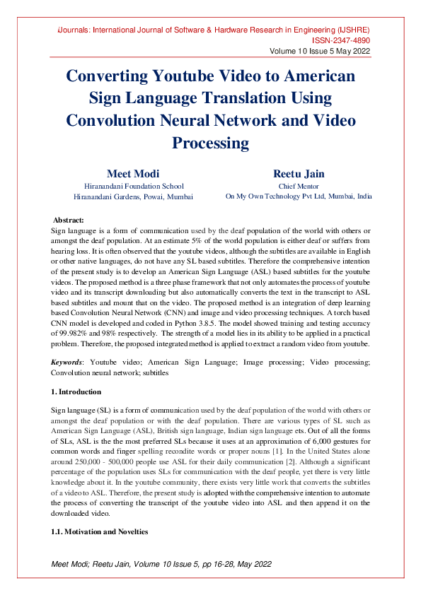 (PDF) Converting Youtube Video to American Sign Language Translation Using Convolution Neural ...