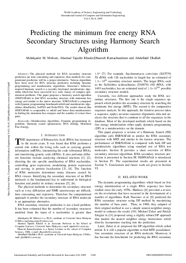 (PDF) Predicting The Minimum Free Energy Rna Secondary Structures Using Harmony Search Algorithm