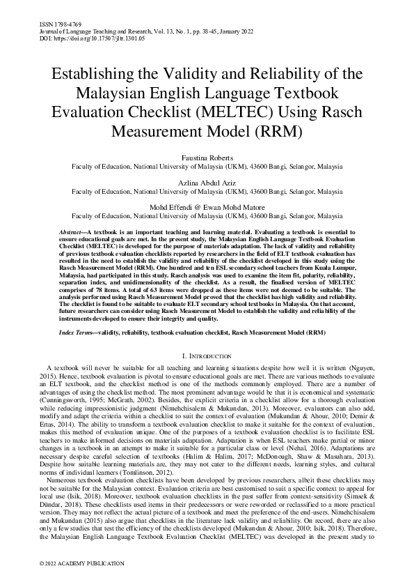 (PDF) Establishing the Validity and Reliability of the Malaysian English Language Textbook ...
