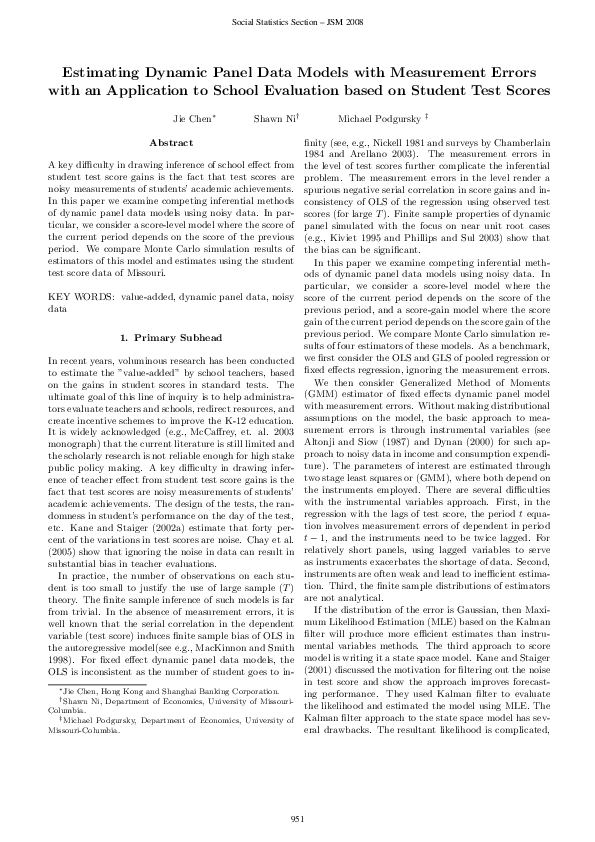 Pdf Estimating Dynamic Panel Data Models With Measurement Errors With An Application To School