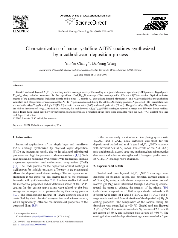 (PDF) Characterization of nanocrystalline AlTiN coatings synthesized by ...