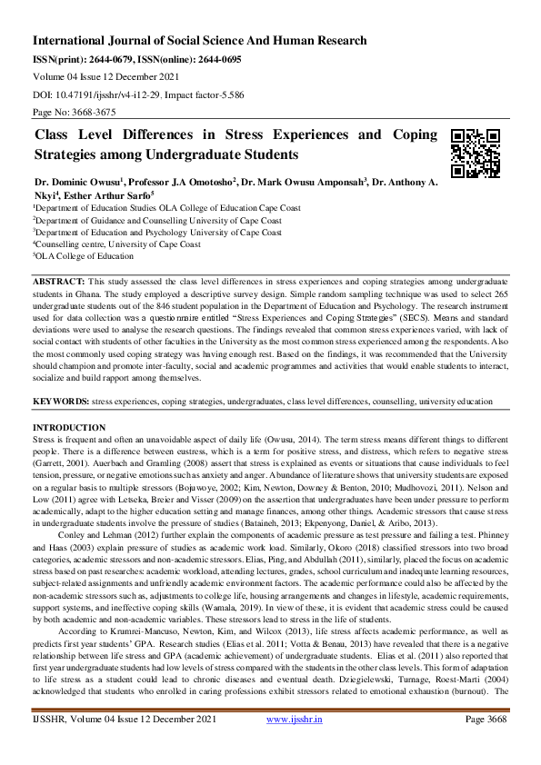 (PDF) Class Level Differences in Stress Experiences and Coping Strategies among Undergraduate ...