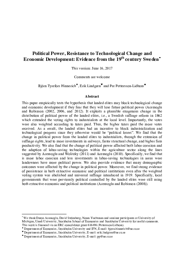 (PDF) Political Power, Resistance to Technological Change and Economic ...