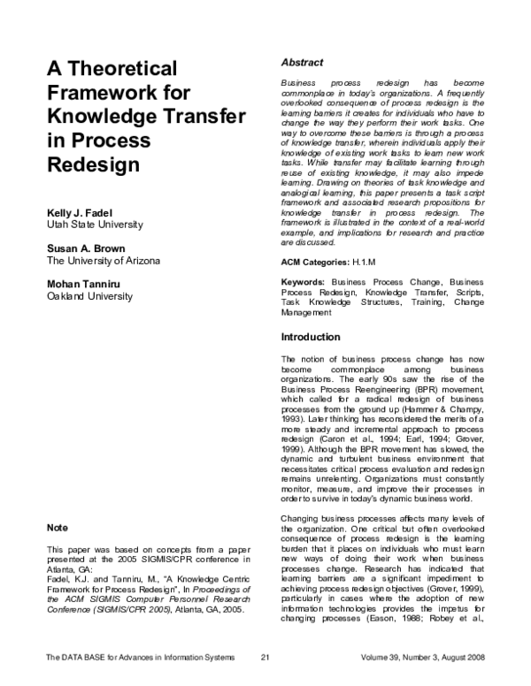 (PDF) A theoretical framework for knowledge transfer in process redesign