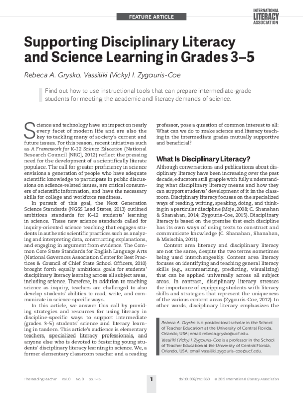 (PDF) Supporting Disciplinary Literacy and Science Learning in Grades 3–5