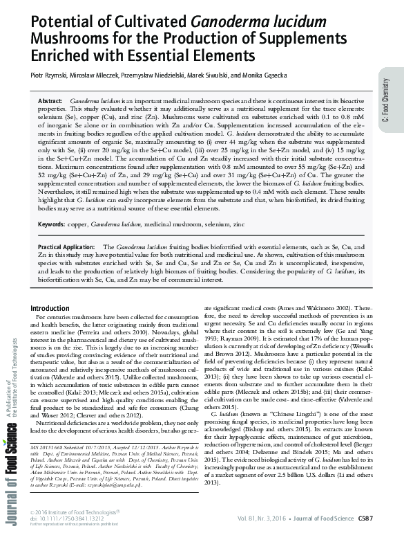 (PDF) Potential of Cultivated Ganoderma lucidum Mushrooms for the Production of Supplements ...