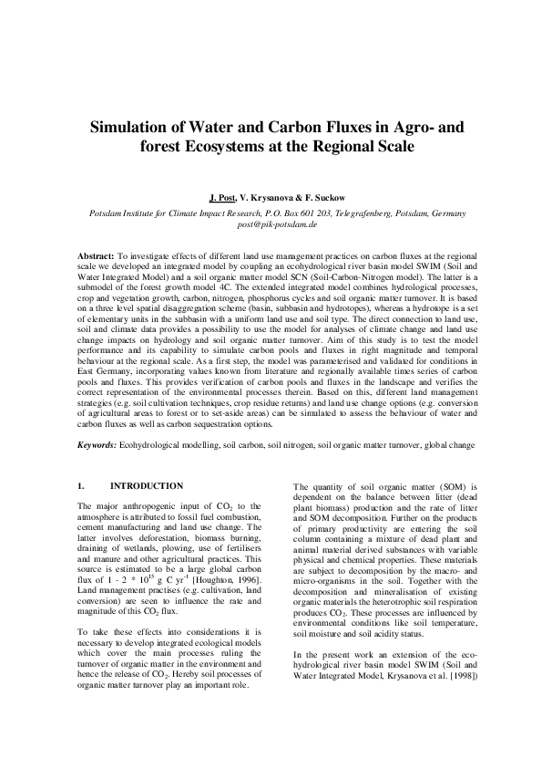(PDF) Simulation of Water and Carbon Fluxes in Agro- and forest Ecosystems at the Regional Scale