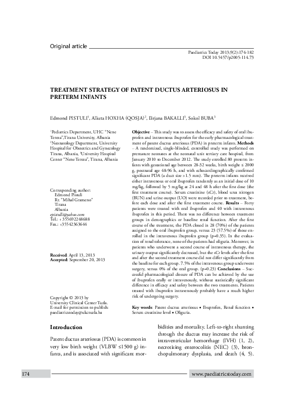 Pdf Treatment Strategy Of Patent Ductus Arteriosus In Preterm Infants