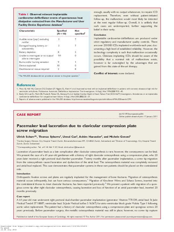 (PDF) Pacemaker lead laceration due to clavicular compression plate ...