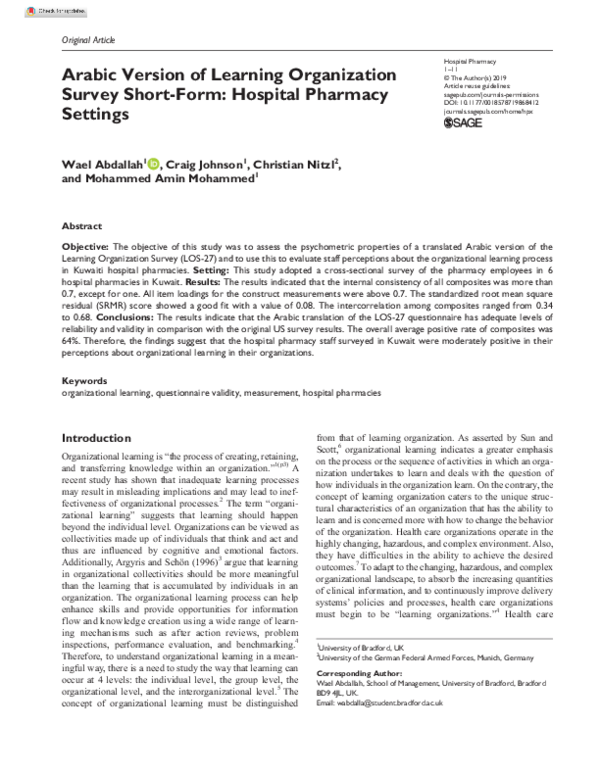 (PDF) Arabic Version of Learning Organization Survey Short-Form ...