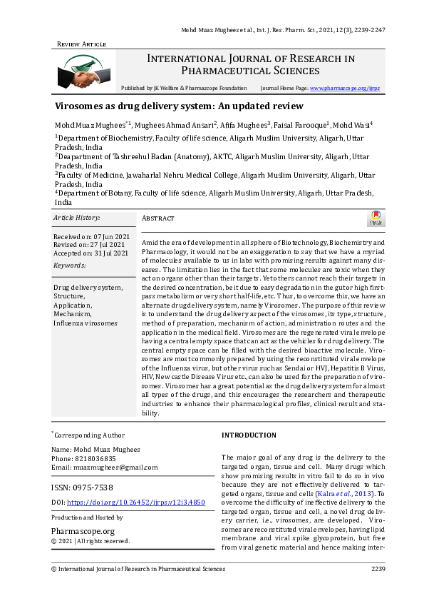 (PDF) Virosomes as drug delivery system: An updated review