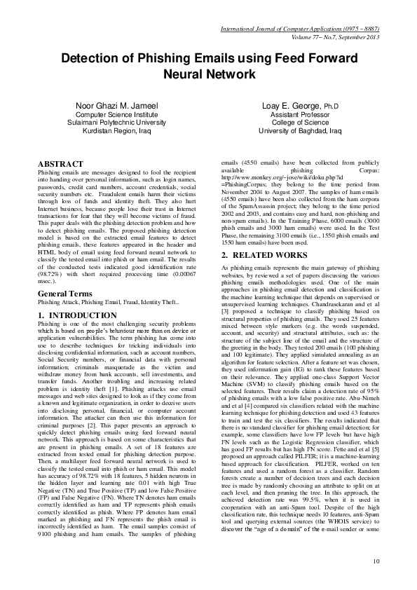 (PDF) Detection of Phishing Emails using Feed Forward Neural Network