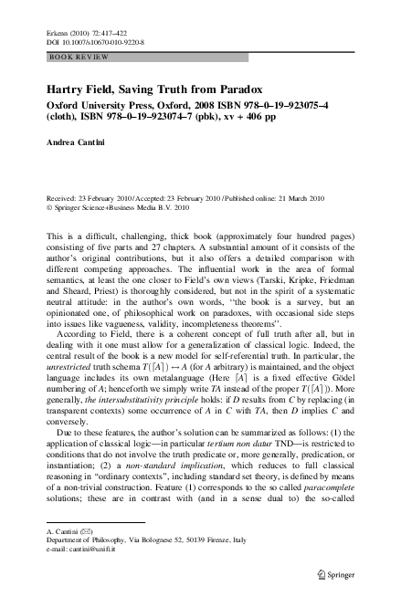 (PDF) Hartry Field, Saving Truth from Paradox