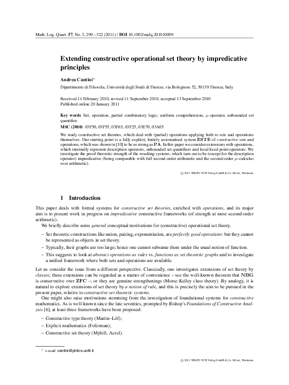 (PDF) Extending constructive operational set theory by impredicative principles