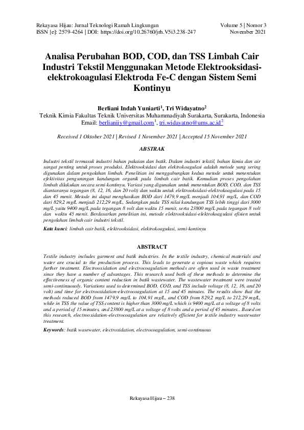 (PDF) Analisa Perubahan BOD, COD, dan TSS Limbah Cair Industri Tekstil Menggunakan Metode ...