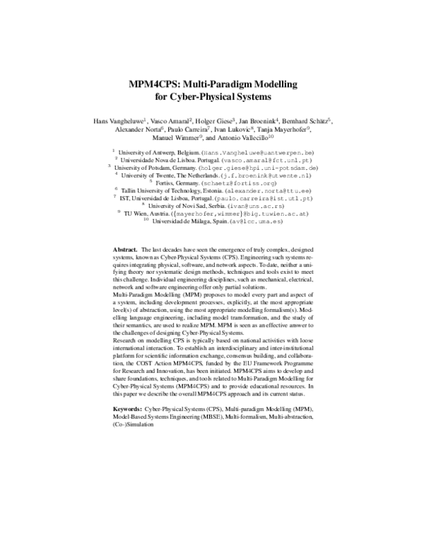 Pdf Multi Paradigm Modelling Of Cyber Physical Systems