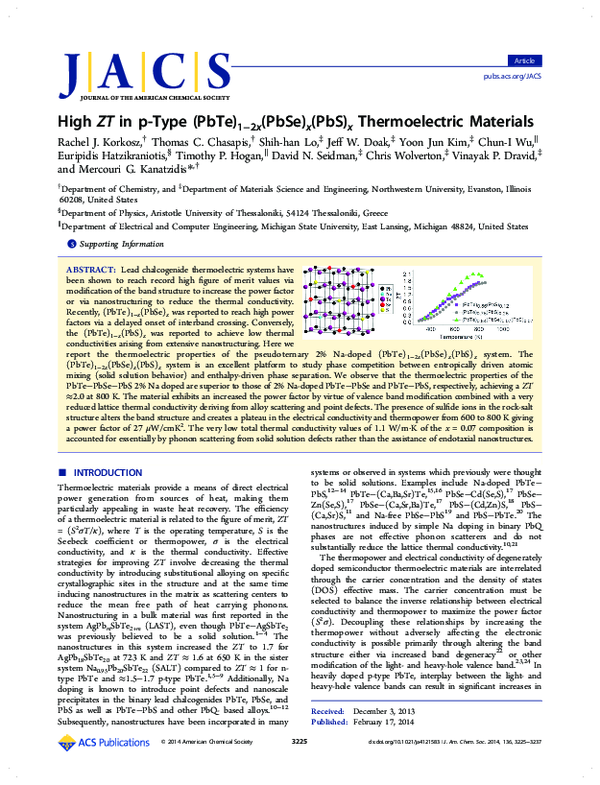 (PDF) High ZT in p-Type (PbTe)1–2x(PbSe)x(PbS)x Thermoelectric Materials