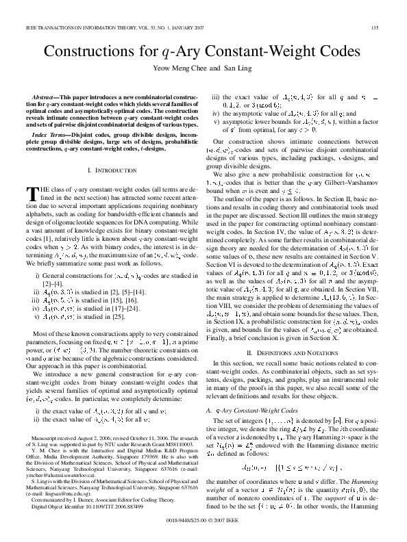 (PDF) Constructions for $q$ -Ary Constant-Weight Codes
