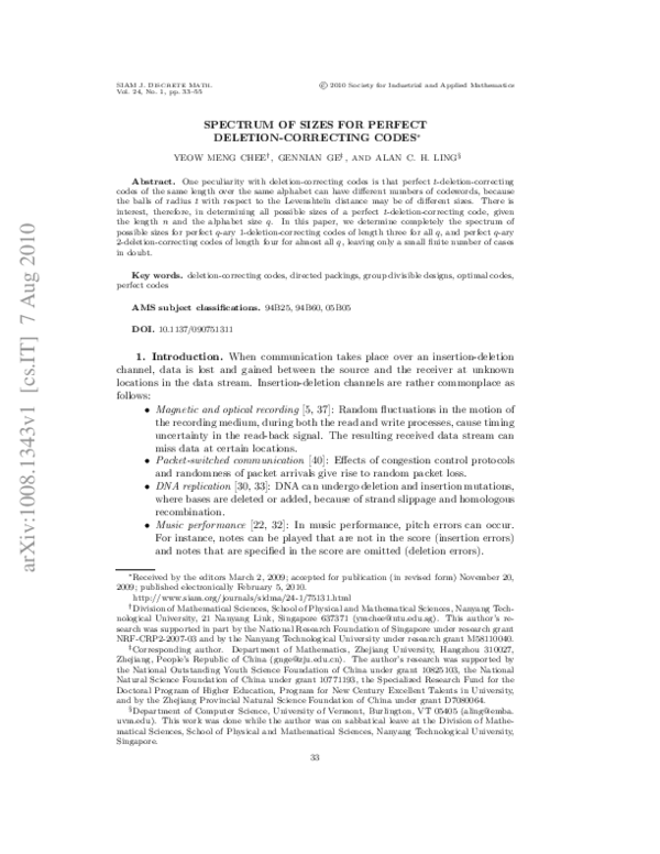(PDF) Spectrum of Sizes for Perfect Deletion-Correcting Codes