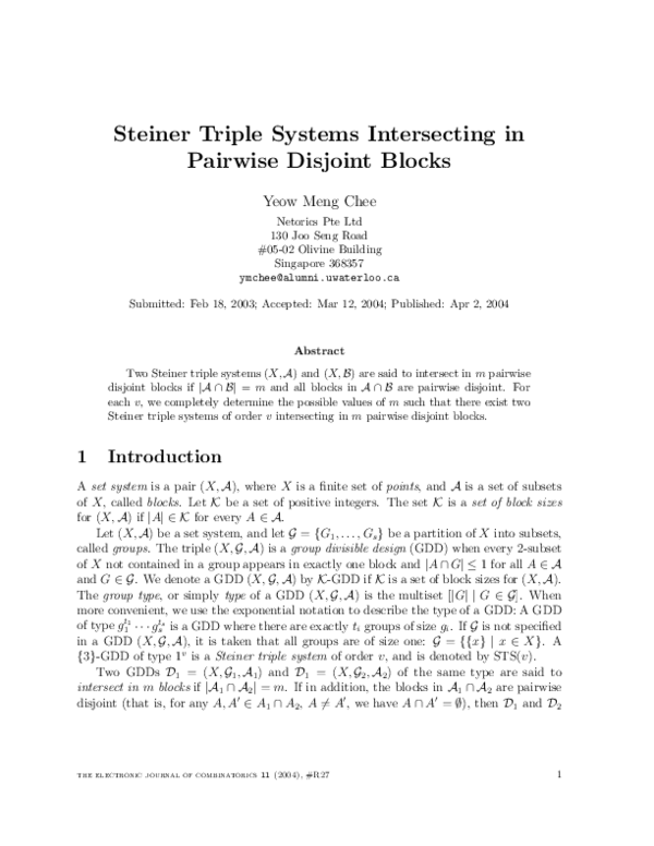 (PDF) Steiner Triple Systems Intersecting in Pairwise Disjoint Blocks ...
