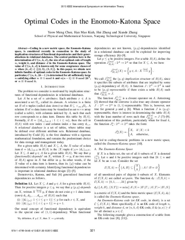 (PDF) Optimal codes in the Enomoto-Katona space