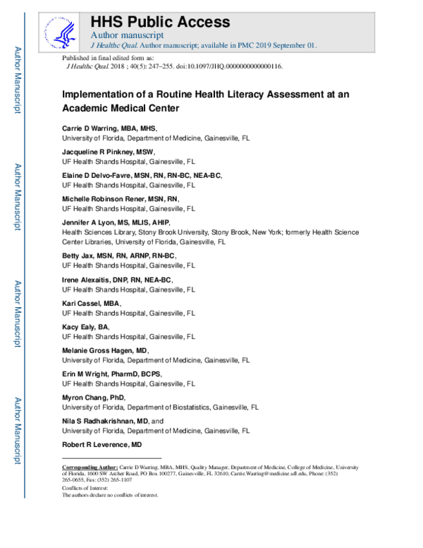 (PDF) Implementation of a Routine Health Literacy Assessment at an ...
