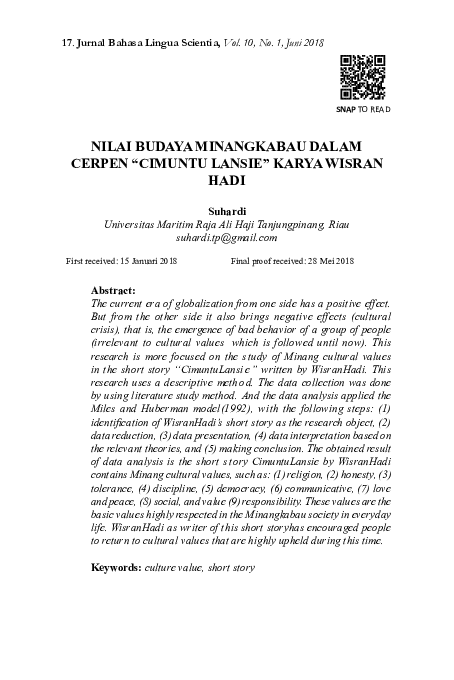 (PDF) Nilai Budaya Minangkabau dalam Cerpen "Cimuntu Lansie" Karya Wisran Hadi