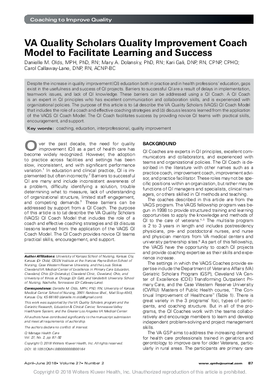 (PDF) VA Quality Scholars Quality Improvement Coach Model to Facilitate ...