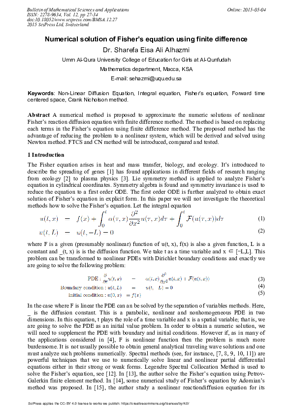 (PDF) Numerical Solution of Fisher’s Equation Using Finite Difference
