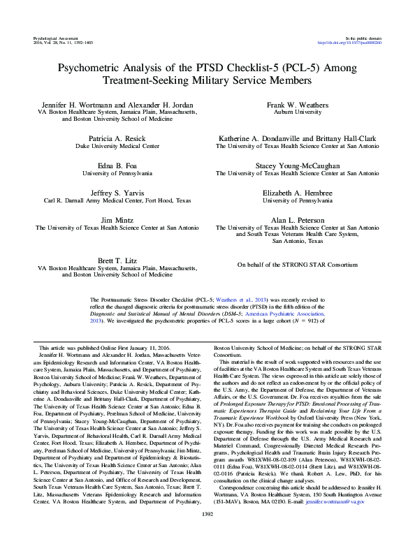 (PDF) Psychometric analysis of the PTSD Checklist-5 (PCL-5) among treatment-seeking military ...
