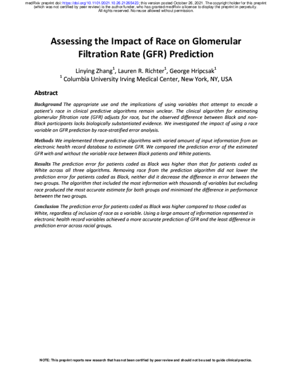 (PDF) Assessing the Impact of Race on Glomerular Filtration Rate (GFR ...